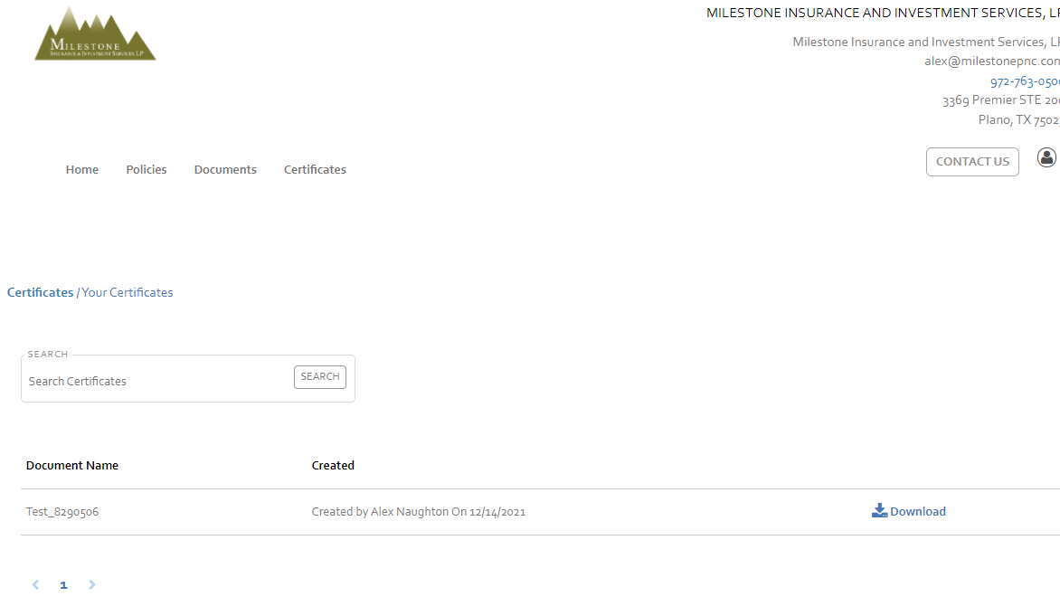 Client Center - Certificates - Milestone Insurance
